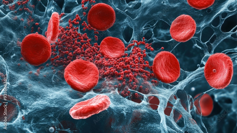Microscopic visualization reveals blood platelets among red blood cells ...