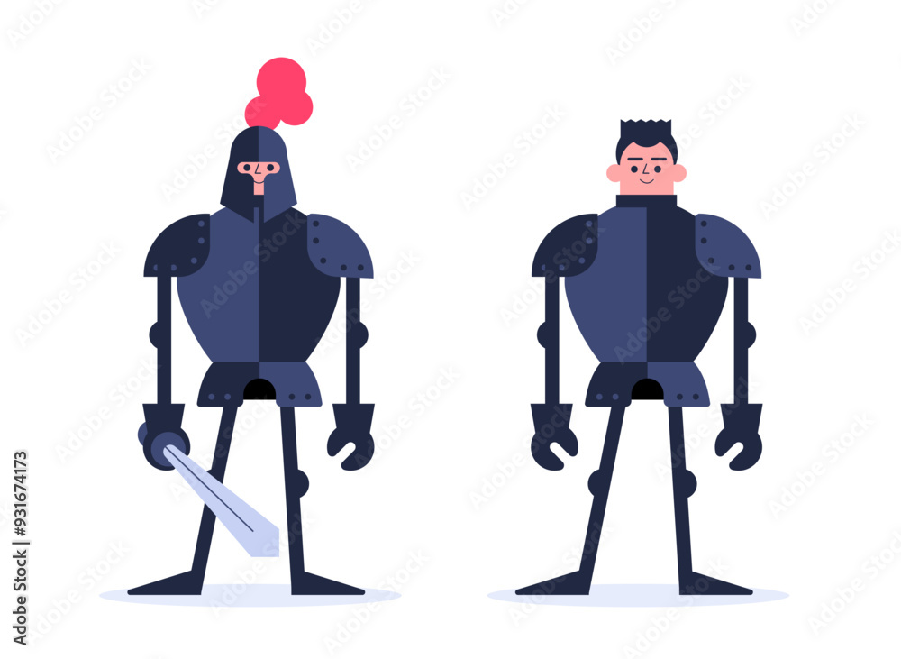 Two funny knight characters. A knight in a helmet with feathers and a ...