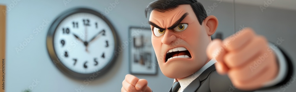Bossy Cartoon Manager with Angry Expression Pointing at Clock in 3D ...