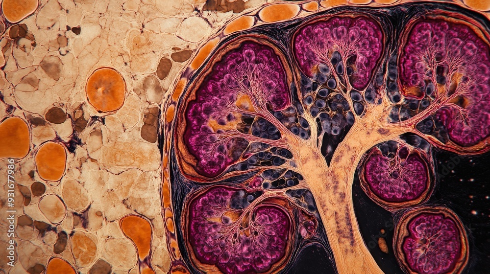 This cross section illustrates kidney tissue with nephrons highlighted ...