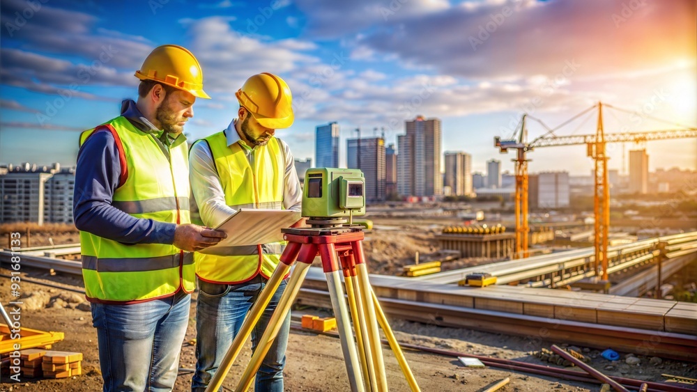 Surveying professionals in yellow reflective gear and white helmets ...