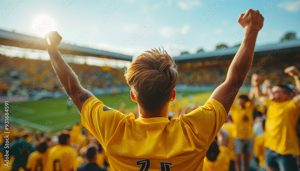 back view soccer fan wearing a yellow jersey celebrating with their ...