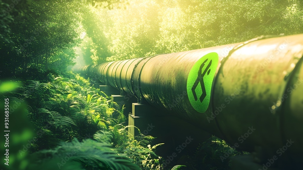 A green hydrogen pipeline marked with the green hydrogen symbol running ...