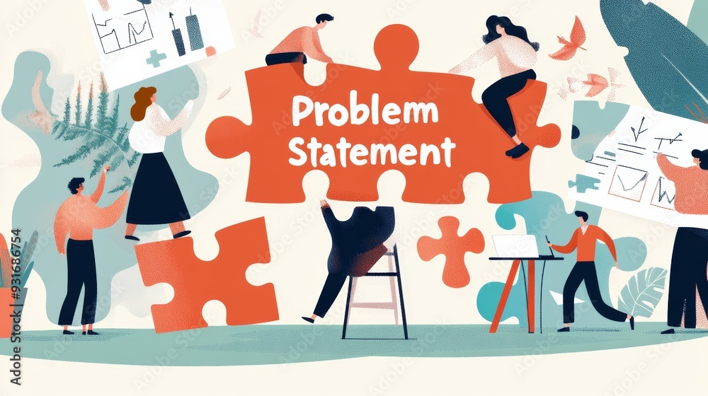 Individuals collaborating on problem-solving with large puzzle pieces ...