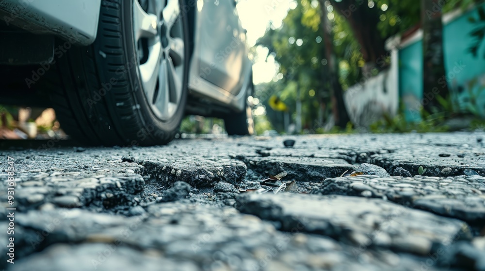 car wheels running and closed up Very bad quality street with potholes ...