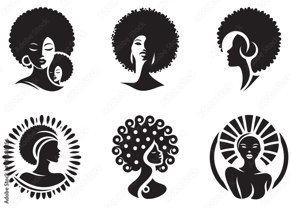 vector set of afro american woman logo head, african beauty woman ...