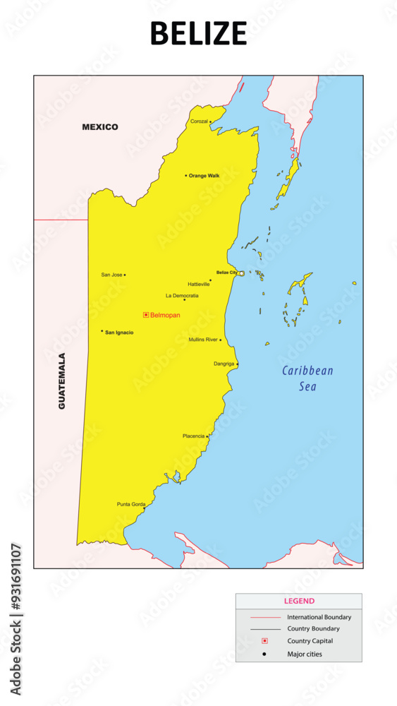 Belize Map. Major cities in Belize. Political map of Belize with border and neighbouring ...