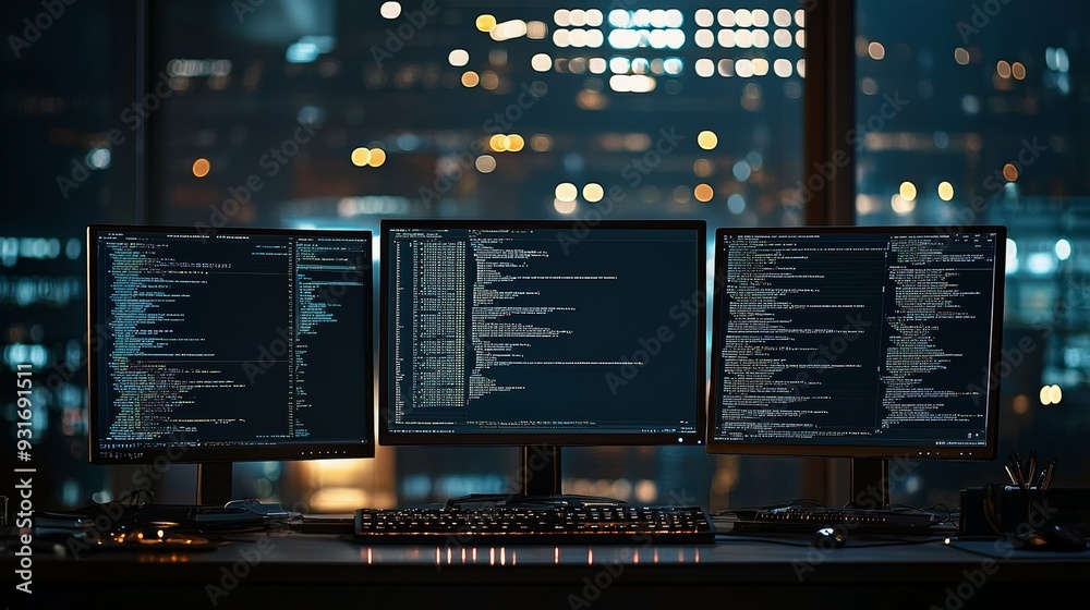 The background is a data center with server racks, with multiple monitors showing coding ...