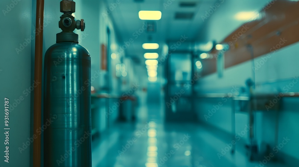 Cinematic depiction of an oxygen cylinder in a hospital setting. The ...