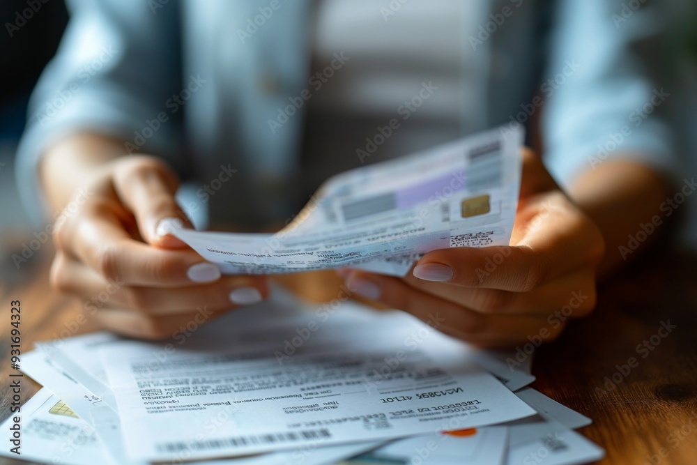 Person holding and examining documents and identification cards at a ...