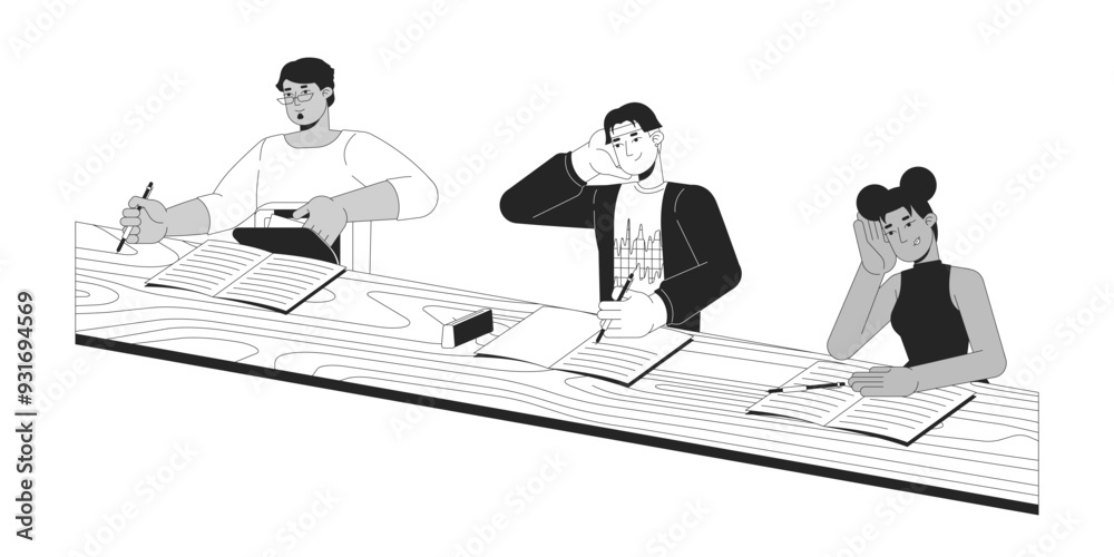 Diverse university classmates listening lecture black and white 2D line ...