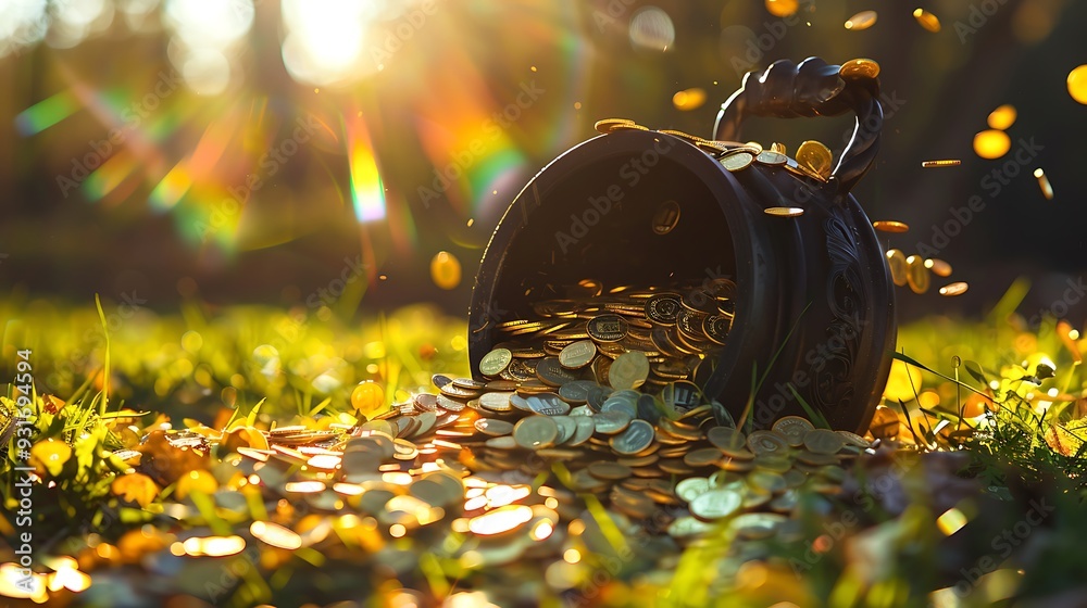 Low angle of a black wrought iron kettle pot that has been knocked over ...