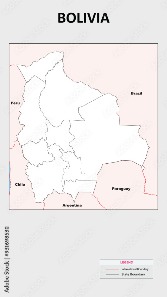 Bolivia Map. Political map of Bolivia with state border in outline. Political map of Bolivia ...
