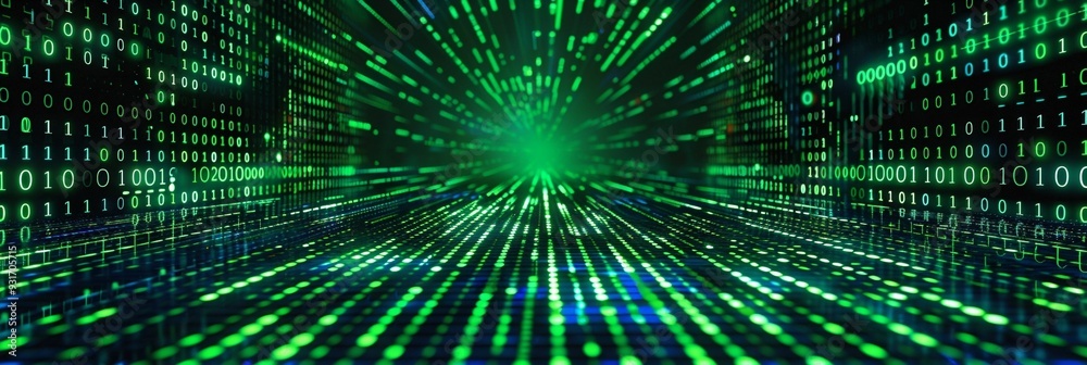 Tech background with bright AI-themed designs. Green binary code and ... Tech background with bright AI-themed designs. Green binary code and ...