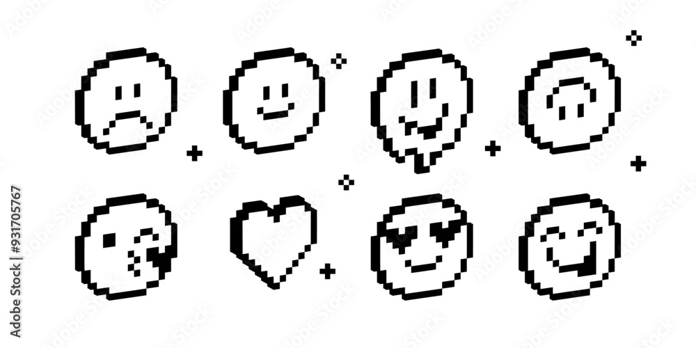3D emoji pixelated icons. Various funny faces. Pixels Y2k funny playful ...