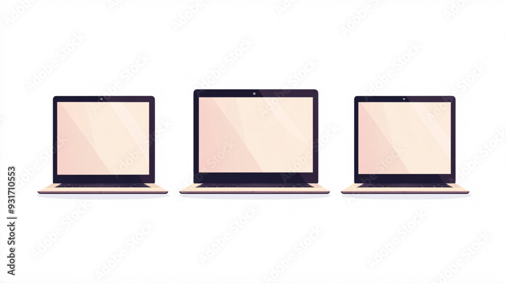 Flat vector illustration of three minimalist laptops with open screens ...