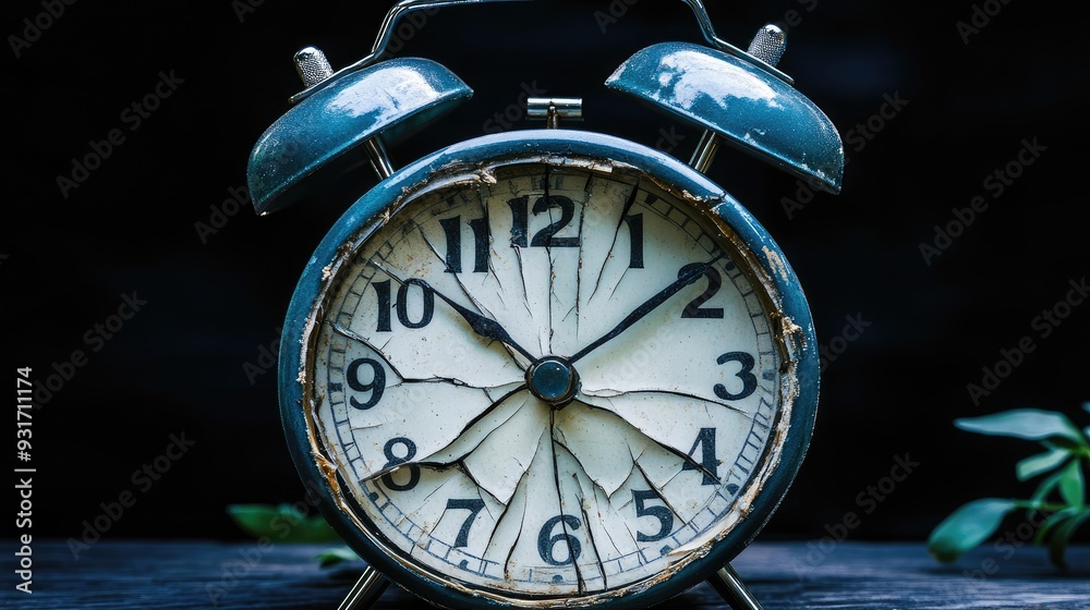 A cracked alarm clock face with time slipping away, representing the ...