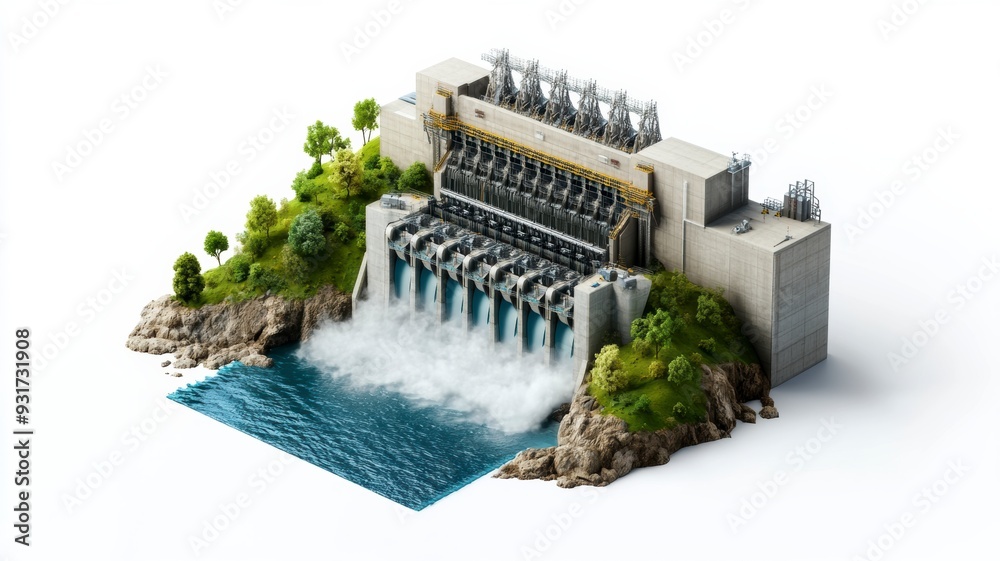 A detailed model of a hydroelectric dam, showcasing water flow and ...