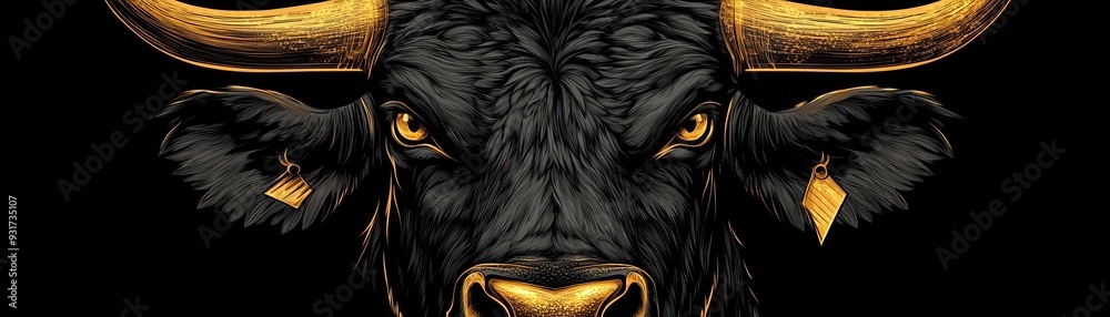 Bull head, close-up view, sharp horns and fierce eyes, golden ...