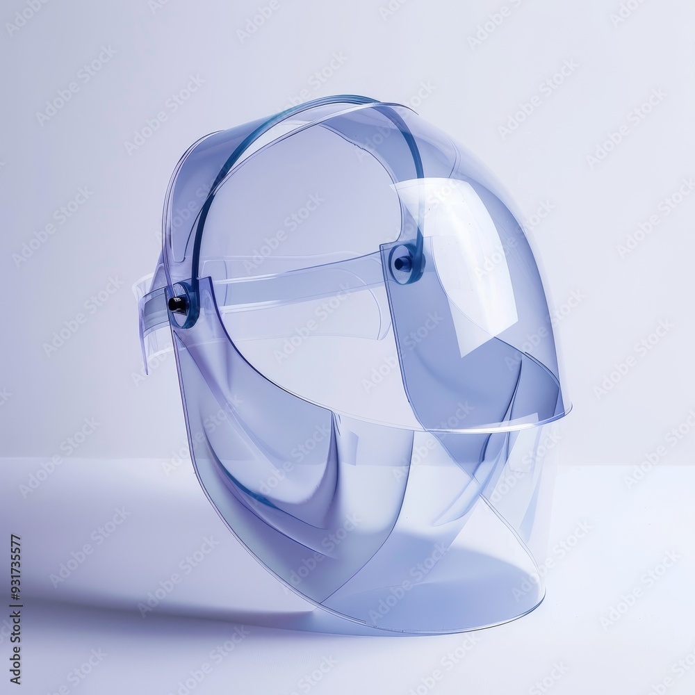 A clear plastic face shield isolated on a white background. The shield ...