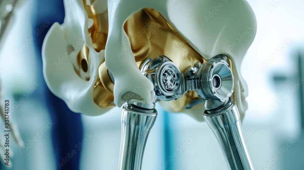 The artificial hip joint implant is showcased in a realistic pelvis ...