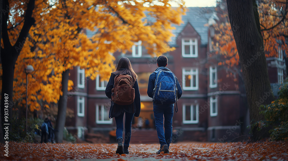 students carrying backpacks walking around the fall campus during back ...