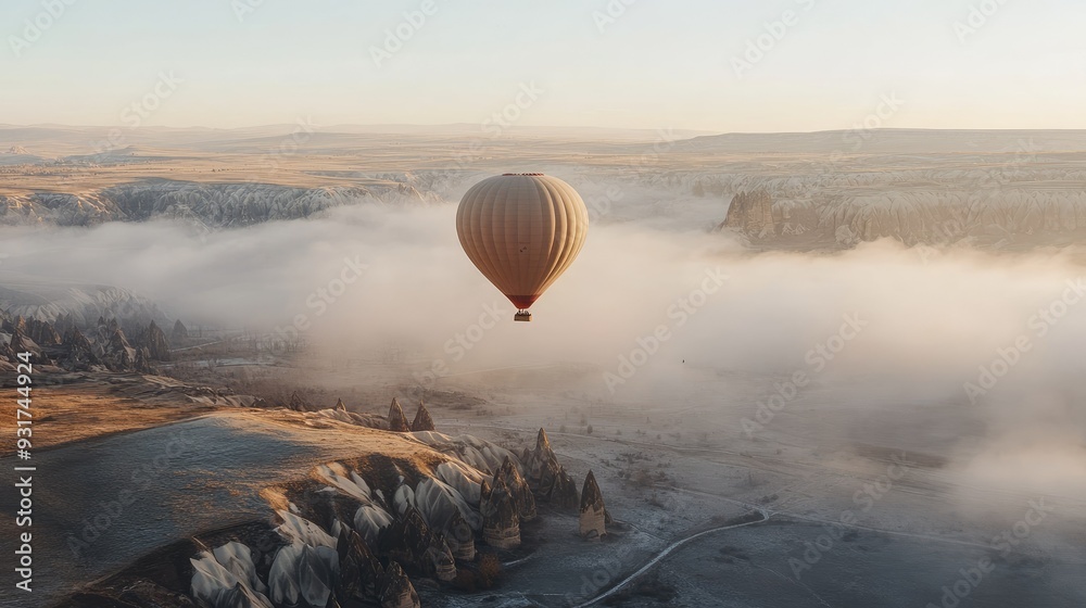 Poster A single hot air balloon hovering above the ancient caves of ...
