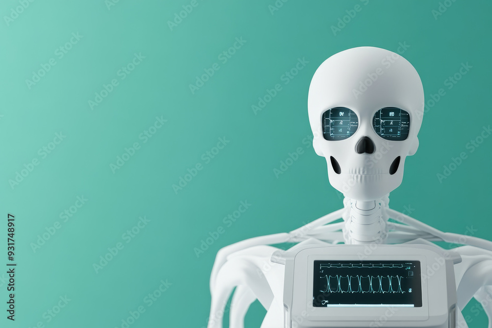 Futuristic medical robot with a skeletal structure, electronic readouts ...