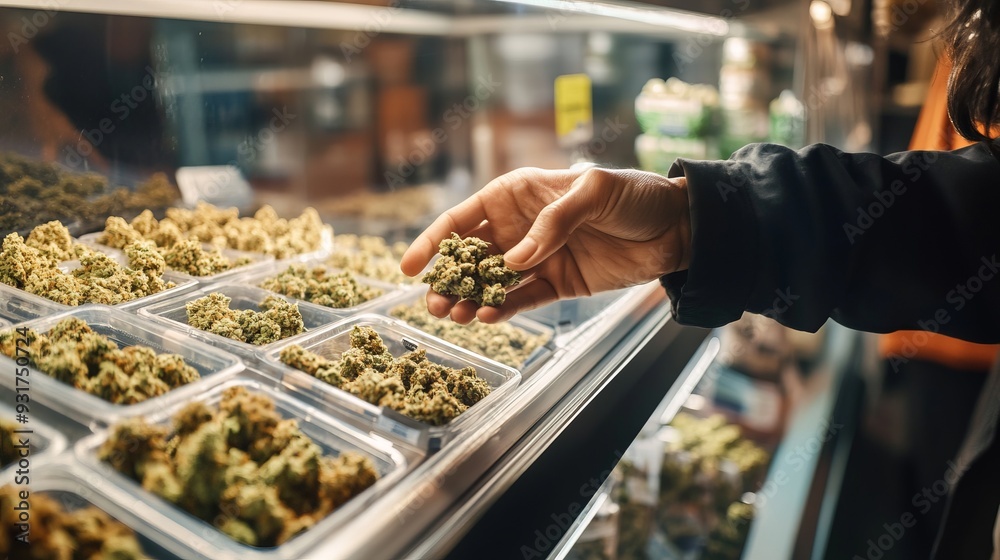 Hand selecting cannabis buds from a display case in a dispensary. The ...
