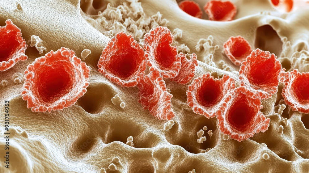 Red blood cells are forming within the bone marrow, showcasing the ...
