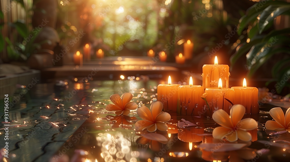 Tranquil Spa Setting with Floating Candles and Flowers. Serene spa ...