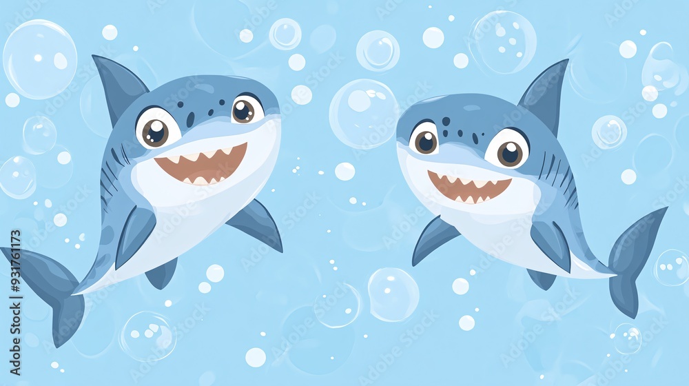 Cute cartoon sharks with big eyes and wide smiles on a light blue ...