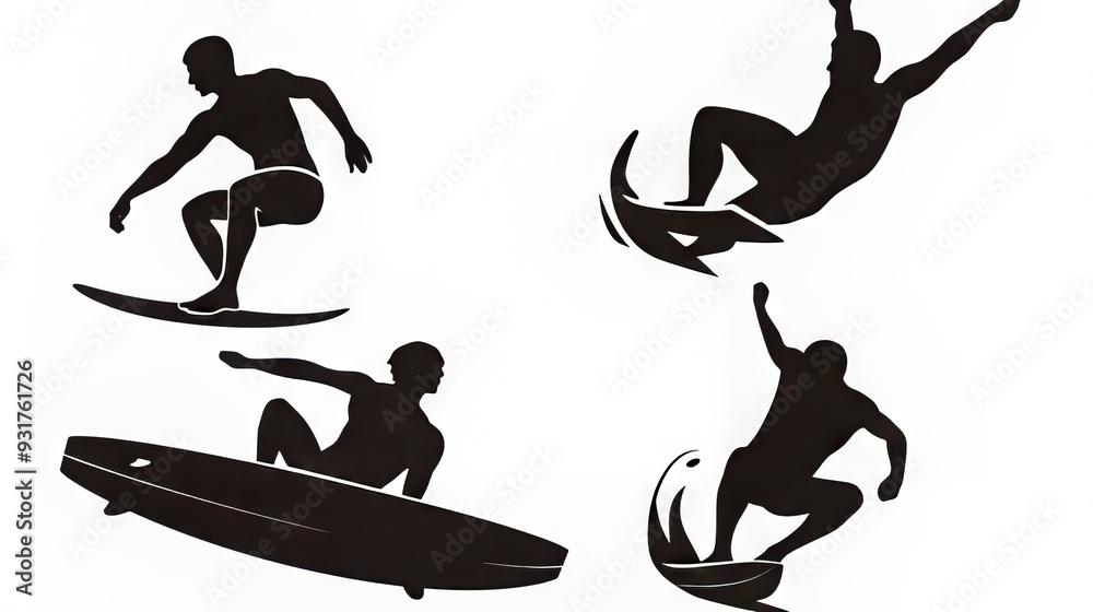 Dynamic silhouettes of male surfers riding waves and performing tricks ...
