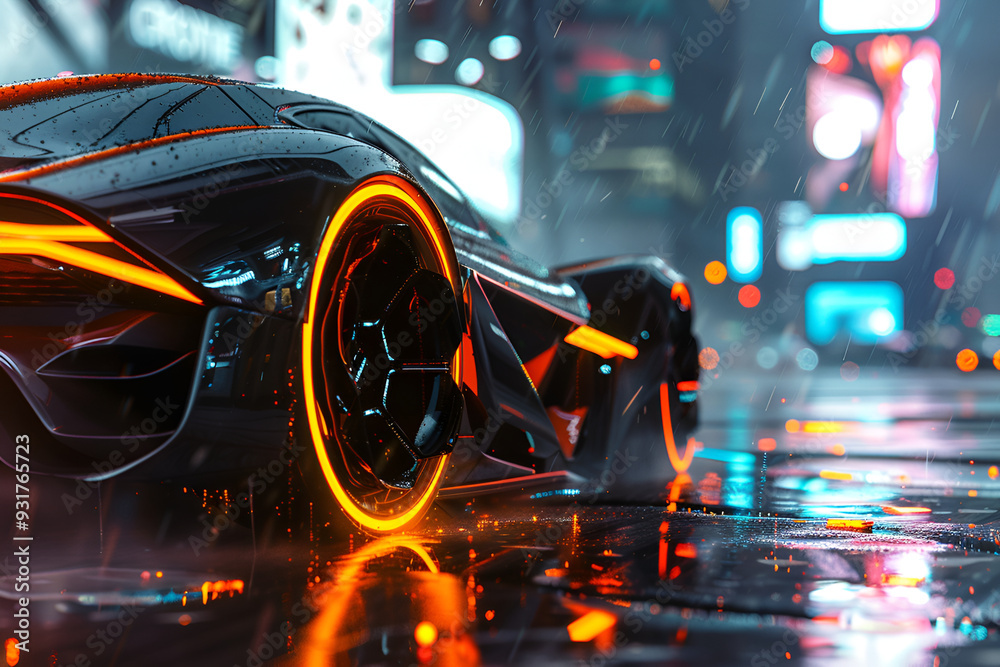 Futuristic cyber car with glowing wheels against a cyberpunk cityscape ...