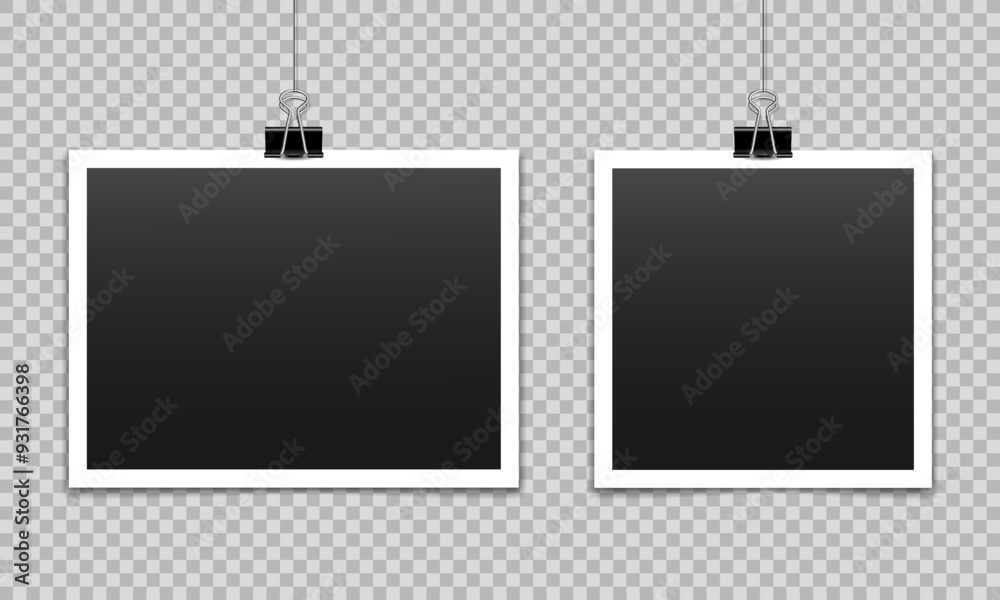 Vector blank photo frames with silver metal paper clip and shadow ...
