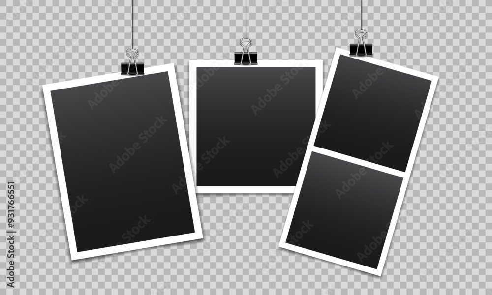 Vector blank photo frames with silver metal paper clip and shadow ...