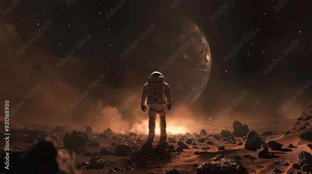 Man on mars. Astronaut at moon in cosmos. Red desert planet. Discovery ...