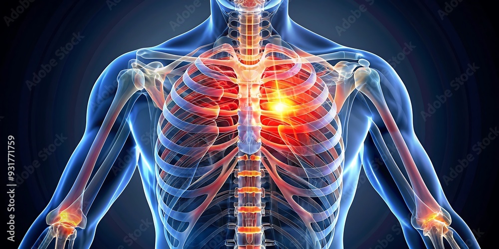 Detailed visualization of a human ribcage with highlighted areas of ...