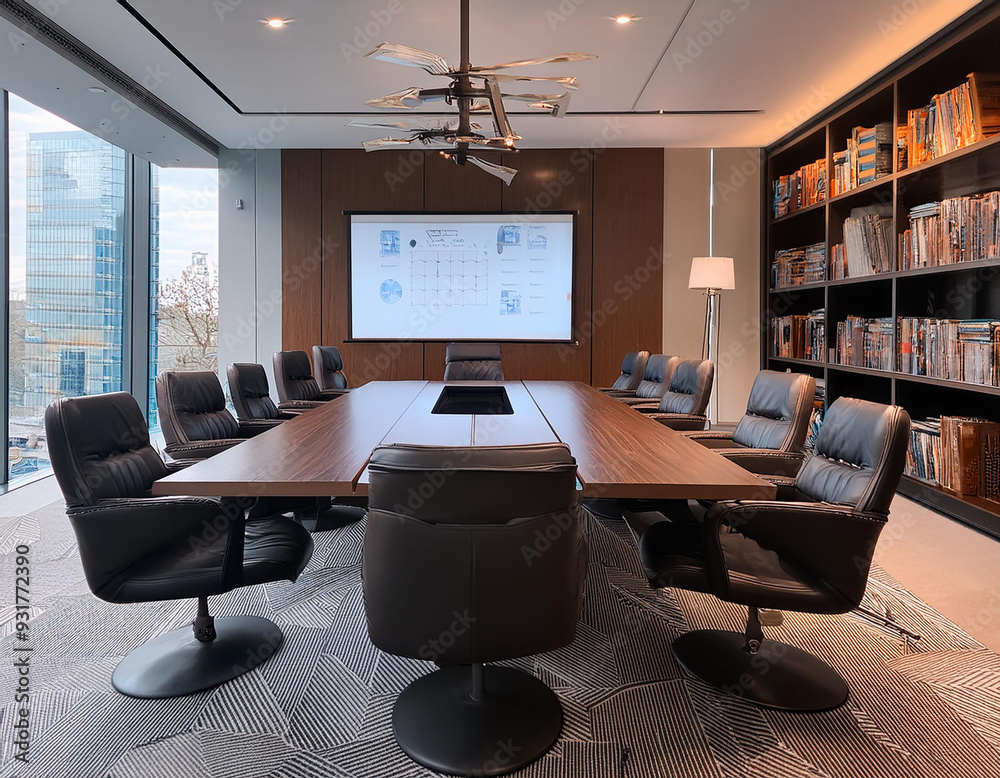 Contemporary meeting space with a spacious table, ebony seating ...