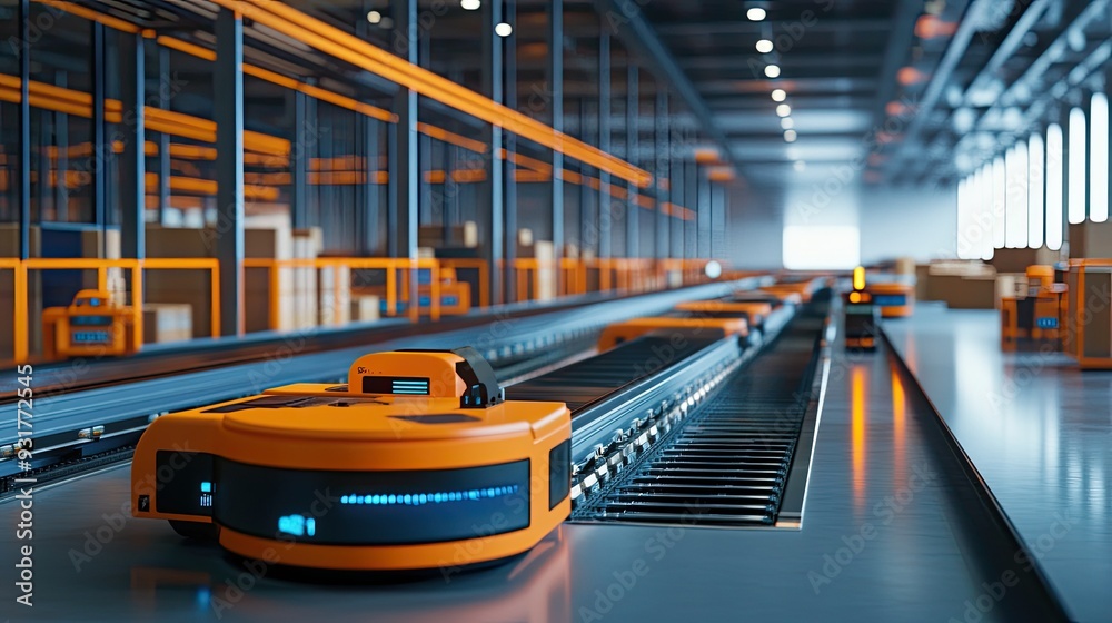 Automated conveyor belts in a high-tech logistics warehouse. Robots transport packages ...