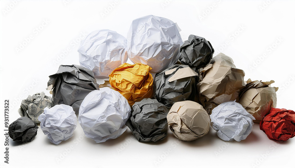 Discarded paper concepts, isolated collection of lifelike balled-up ...