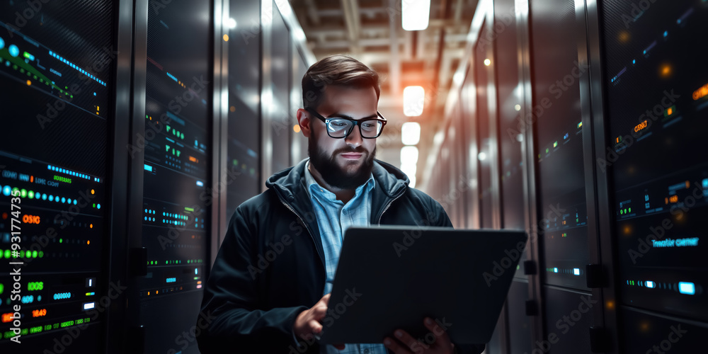 Tech Guru in a futuristic data center, utilizing a laptop amidst ...