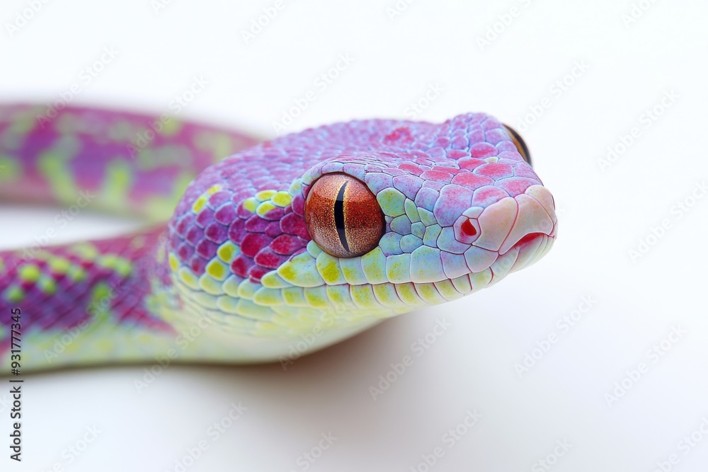 Vividly marked trimeresurus on a pale surface, zoomed view of ...