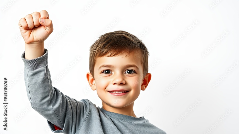 boy showing ok sign, victory, success, with a raised hand clenched into ...