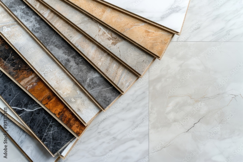 Samples of a ceramic tile in shop. Colored samples of ceramic tiles for ...