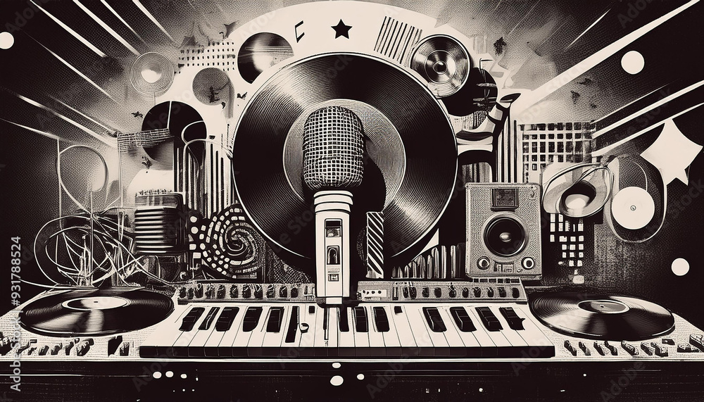 Monochromatic electronic dance music with a mezzotint photocopied ...