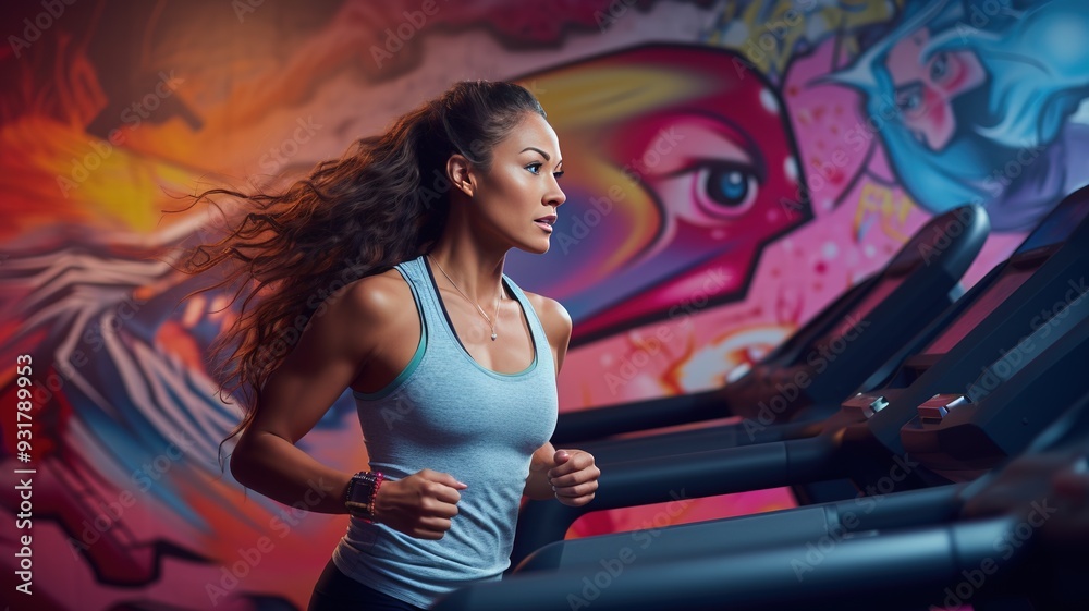 A beautiful multiracial fitness model running on a treadmill in a state ...