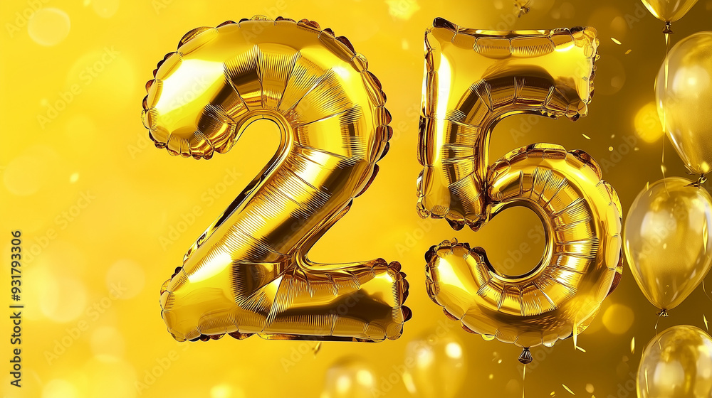 Golden foil balloons in the shape of the number 25 on a bright yellow ...