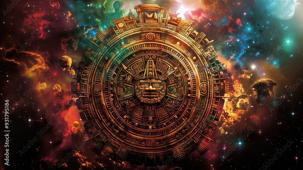 Ancient Aztec calendar in outer space with vibrant nebula and celestial ...