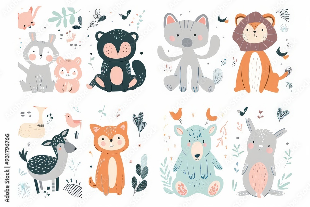 Baby posters and cards template with baby animals and flower leaves ...